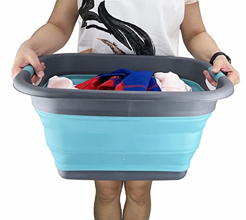 SAMMART 25L (6.6 Gallon) Set of 2 Collapsible Laundry Basket/Tub - Foldable Storage Container/Organizer, Water Capacity: 20L (Alloy Grey + Crystal Blue)