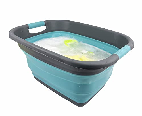 SAMMART 25L (6.6 Gallon) Set of 2 Collapsible Laundry Basket/Tub - Foldable Storage Container/Organizer, Water Capacity: 20L (Alloy Grey + Crystal Blue)