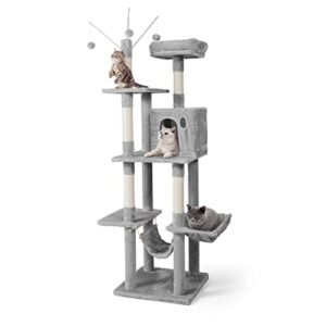 bowhaus tall cat tree for indoor large cats or kittens, multi-level cat activity tree with scratching posts, hammock, cat cave condo, modern cute small cat climbing tower with widened perch