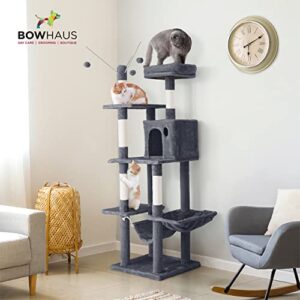 BOWHAUS Tall Cat Tree for Indoor Large Cats or Kittens, Multi-Level Cat Activity Tree with Scratching Posts, Hammock, Cat Cave Condo, Modern Cute Small Cat Climbing Tower with Widened Perch