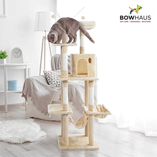 BOWHAUS Tall Cat Tree for Indoor Large Cats or Kittens, Multi-Level Cat Activity Tree with Scratching Posts, Hammock, Cat Cave Condo, Modern Cute Small Cat Climbing Tower with Widened Perch