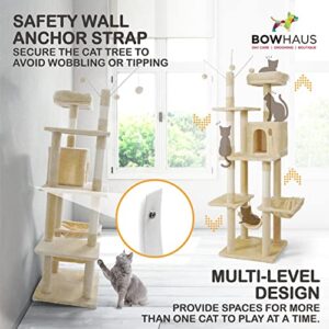 BOWHAUS Tall Cat Tree for Indoor Large Cats or Kittens, Multi-Level Cat Activity Tree with Scratching Posts, Hammock, Cat Cave Condo, Modern Cute Small Cat Climbing Tower with Widened Perch