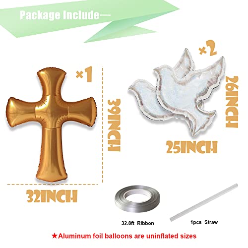 CYMYLAR 1pcs Jumbo 44” Red Gold Cross Balloon for First Communion Baptism Party Decor | 2pcs Laser Shiny Dove Foil Balloon Christening Confirmation Party Supplies Birthday Party Wedding Decorations