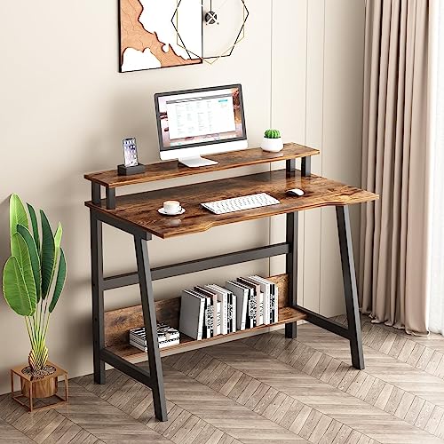 YQ JENMW Small Computer Desk for Small Spaces - 33.5" Inch Modern Writing Table with Monitor Storage Shelf for Home Office and Study, Compact Laptop Desk in Simple and Sleek Style