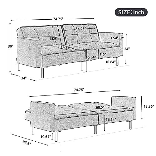 Majnesvon Linen Upholstered Modern Convertible Folding Futon Sofa Bed for Compact Living Space, Apartment, Dorm, Metal Legs (Orange)