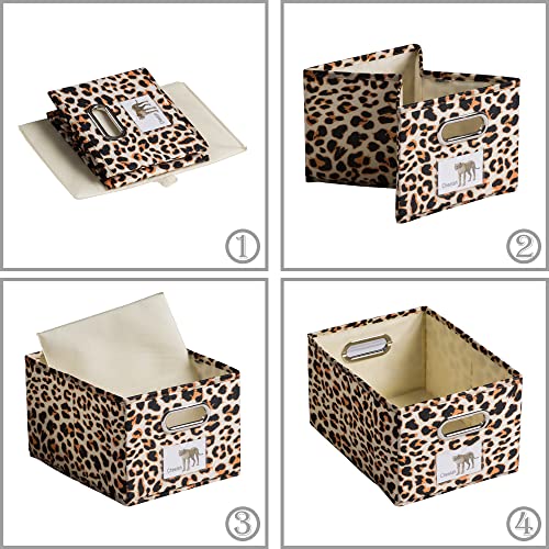 PRANDOM Collapsible Storage Baskets for Closet [3-pack] Decorative Linen Fabric Storage Bins Cubes with Metal Handles for Shelves Bedroom Living Room Leopard print (11.5x8.5x6.7 Inch)