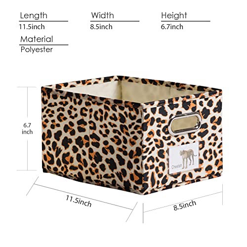 PRANDOM Collapsible Storage Baskets for Closet [3-pack] Decorative Linen Fabric Storage Bins Cubes with Metal Handles for Shelves Bedroom Living Room Leopard print (11.5x8.5x6.7 Inch)