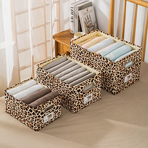 PRANDOM Collapsible Storage Baskets for Closet [3-pack] Decorative Linen Fabric Storage Bins Cubes with Metal Handles for Shelves Bedroom Living Room Leopard print (11.5x8.5x6.7 Inch)