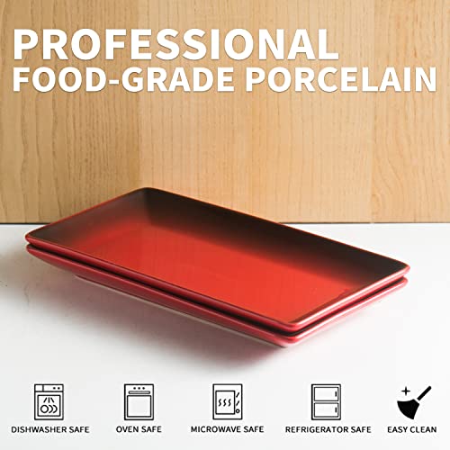 YHOSSEUN Porcelain Serving Platter, Stackable Platters for Christmas Party, Rectangular Serving Platters for Entertaining, Oven Dinnerware Safe, 9.8 inches, Set of 2, Red