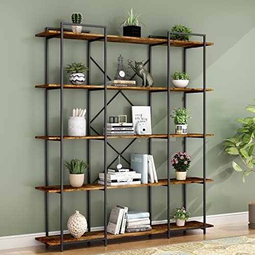 Auromie Triple Wide 5 Tier Bookshelf, 70.8’’ H x 63’’ W Rustic Etagere Bookcase Garage Storage Shelf Rack, Industrial Freestanding Display Shelf, Extra Large Storage Rack Shelving Unit for Home Office