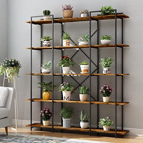 Auromie Triple Wide 5 Tier Bookshelf, 70.8’’ H x 63’’ W Rustic Etagere Bookcase Garage Storage Shelf Rack, Industrial Freestanding Display Shelf, Extra Large Storage Rack Shelving Unit for Home Office