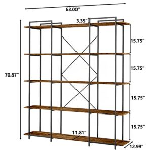 Auromie Triple Wide 5 Tier Bookshelf, 70.8’’ H x 63’’ W Rustic Etagere Bookcase Garage Storage Shelf Rack, Industrial Freestanding Display Shelf, Extra Large Storage Rack Shelving Unit for Home Office