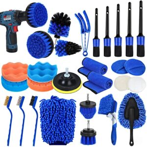 wontolf 30pcs car detailing brush set, car detailing kit, auto detailing drill brush set, car buffing sponge pads kit,car cleaning brush tools kit,car accessories for interior,exterior,wheels,home