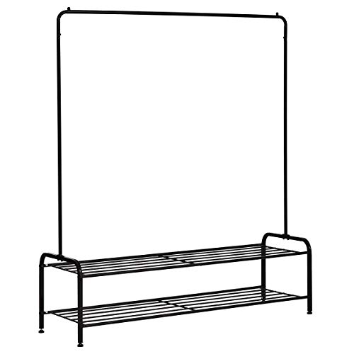 BOFENG Metal Garment Rack Industrial Free-Standing Clothes Rack with Top Rod and 2 Tier Lower Storage Shelf - Black