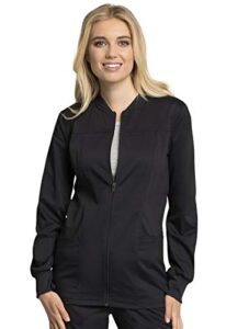 cherokee women warm up scrubs jacket modern classic fit with zip front ww305ab, m, black