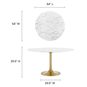 Modway Lippa 54" Mid-Century Dining Table with Round Artificial Marble Top in Gold White