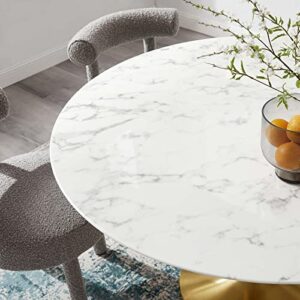 Modway Lippa 54" Mid-Century Dining Table with Round Artificial Marble Top in Gold White