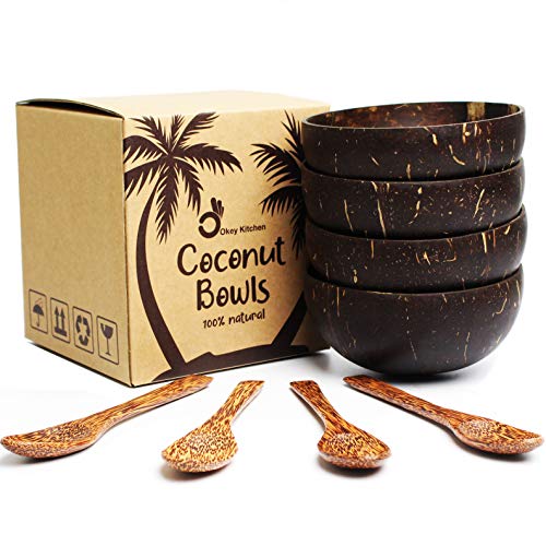 Set of 4 Vietnamese Coconut Bowls and Spoons by Okey Kitchen, 100% Natural, Organic, Eco-Friendly, Vegan, Buddha Smoothie Coco Bowl and Spoons from Ben Tre Artisan Craft (Polished)