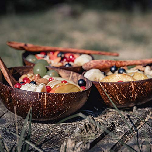 Set of 4 Vietnamese Coconut Bowls and Spoons by Okey Kitchen, 100% Natural, Organic, Eco-Friendly, Vegan, Buddha Smoothie Coco Bowl and Spoons from Ben Tre Artisan Craft (Polished)