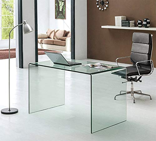 Neos Modern Furniture Bent Glass Computer Desk Contemporary Rectangular Shaped PC Laptop Workstation Study Table Home Office Writing for Small Spaces, Better Than Acrylic or Lucite, 50" L, Clear