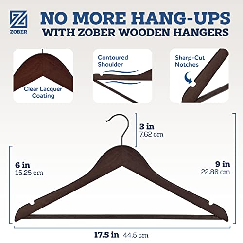 Zober Wooden Hangers 30 Pack - Non Slip Wood Clothes Hanger for Suits, Pants, Jackets w/Bar & Cut Notches - Heavy Duty Clothing Hanger Set - Coat Hangers for Closet - Vintage