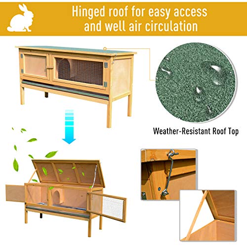 PawHut Wooden Rabbit Hutch Bunny Cage with Openable Waterproof Roof, No Leak Tray Sturdy Fir Wood Build for Indoor/Outdoor