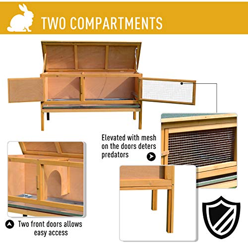 PawHut Wooden Rabbit Hutch Bunny Cage with Openable Waterproof Roof, No Leak Tray Sturdy Fir Wood Build for Indoor/Outdoor