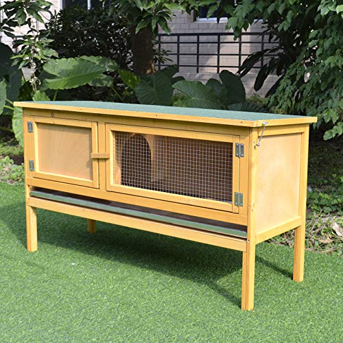 PawHut Wooden Rabbit Hutch Bunny Cage with Openable Waterproof Roof, No Leak Tray Sturdy Fir Wood Build for Indoor/Outdoor