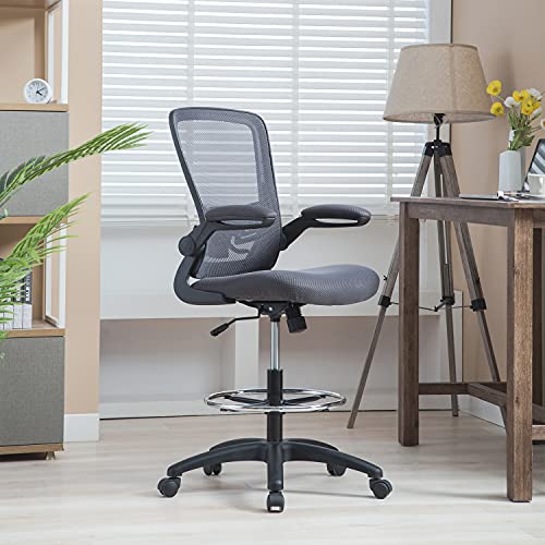 Serena Ergonomic Mesh Drafting Chair - Adjustable, Breathable Mesh, Lumbar Support, Ergonomic and Height Adjustable Flip-Top Office Chair with Foot Ring and Productivity - Gray