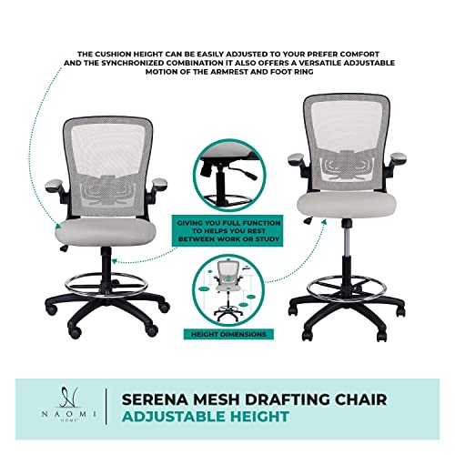 Serena Ergonomic Mesh Drafting Chair - Adjustable, Breathable Mesh, Lumbar Support, Ergonomic and Height Adjustable Flip-Top Office Chair with Foot Ring and Productivity - Gray