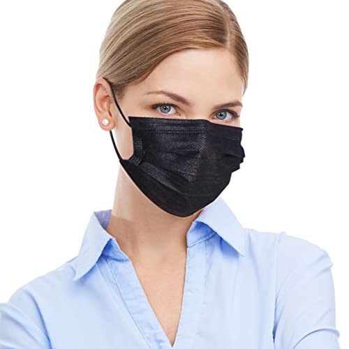 SOOQOO Masks Disposable 100Pcs,with Elastic Loop, Breathable Comfort, 3-Ply Masks, Waterproof, Adjustable Clip, Skin-Friendly Fabric (Black)