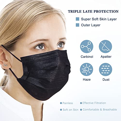 SOOQOO Masks Disposable 100Pcs,with Elastic Loop, Breathable Comfort, 3-Ply Masks, Waterproof, Adjustable Clip, Skin-Friendly Fabric (Black)