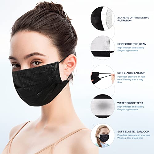 SOOQOO Masks Disposable 100Pcs,with Elastic Loop, Breathable Comfort, 3-Ply Masks, Waterproof, Adjustable Clip, Skin-Friendly Fabric (Black)