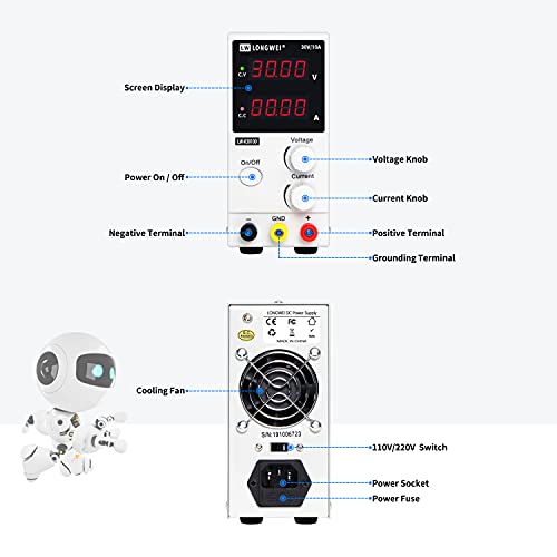 DC Power Supply Variable 30V 10A, 4-Digital LED Display, Precision Adjustable Regulated Switching Power Supply Digital with Alligator Leads US Power Cord 