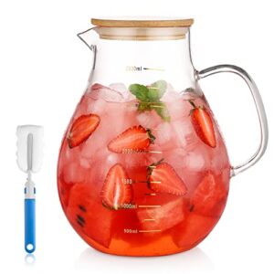 95 ounce large glass pitcher with lid and handle - heat resistant borosilicate beverage carafe for juice and iced tea