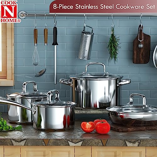 Cook N Home 8-Piece Stainless Steel Pots and Pans Cookware Set, Silver