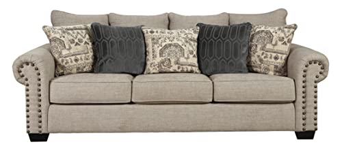 Signature Design by Ashley Zarina New Traditional Queen Sofa Sleeper with Nailhead Trim and 5 Accent Pillows, Beige