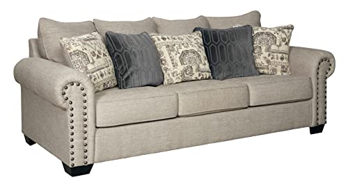 Signature Design by Ashley Zarina New Traditional Queen Sofa Sleeper with Nailhead Trim and 5 Accent Pillows, Beige