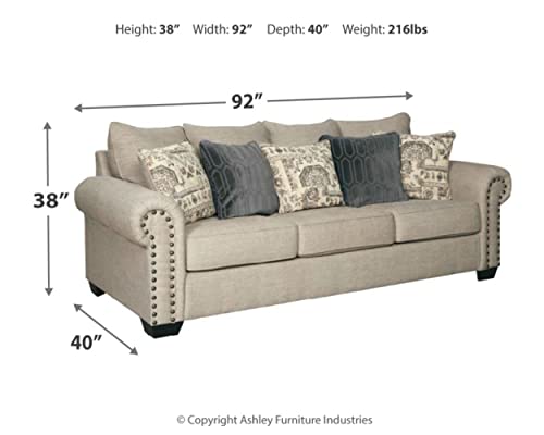 Signature Design by Ashley Zarina New Traditional Queen Sofa Sleeper with Nailhead Trim and 5 Accent Pillows, Beige