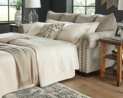 Signature Design by Ashley Zarina New Traditional Queen Sofa Sleeper with Nailhead Trim and 5 Accent Pillows, Beige