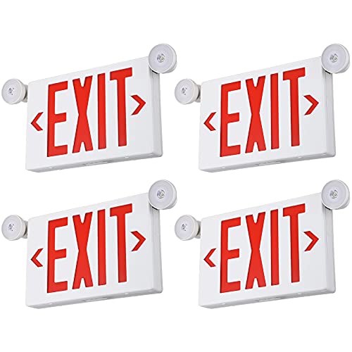 TORCHSTAR Red Exit Sign with Emergency Lights, UL 924, Two LED Adjustable Head, Emergency Exit Light with Battery Backup, Double Face, AC 120/277V, Exit Signs for Business, Damp Location, Pack of 4