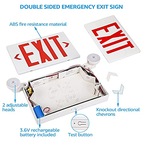 TORCHSTAR Red Exit Sign with Emergency Lights, UL 924, Two LED Adjustable Head, Emergency Exit Light with Battery Backup, Double Face, AC 120/277V, Exit Signs for Business, Damp Location, Pack of 4