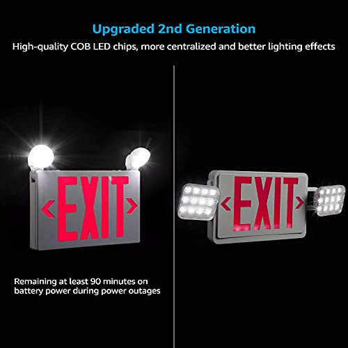 TORCHSTAR Red Exit Sign with Emergency Lights, UL 924, Two LED Adjustable Head, Emergency Exit Light with Battery Backup, Double Face, AC 120/277V, Exit Signs for Business, Damp Location, Pack of 4