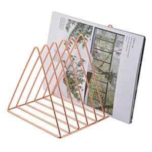 magazine rack book record holder, desktop iron storage rack bookshelf multifunction triangle file organizer decor home office (rose gold)