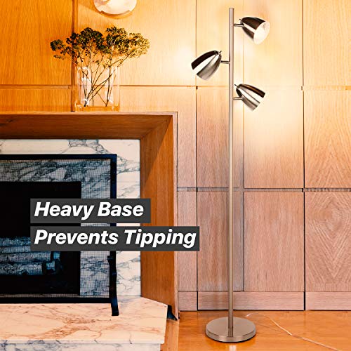 Brightech Jacob LED Standing Lamp, Modern Bright Floor Lamps for Living Rooms & Bedrooms, Tall LED Lighting Lamp with Adjustable 3 Light Tree – Satin Nickel