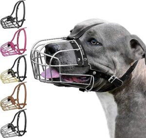 bronzedog pitbull dog muzzle metal mask amstaff wire basket pit bull adjustable leather straps for large dogs (steel)