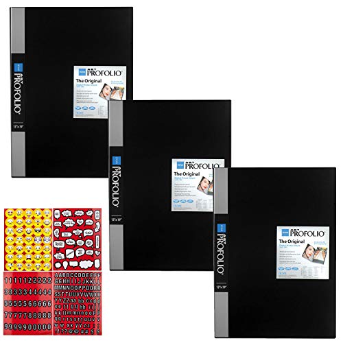 ITOYA 13 x 19 inches Original Art Presentation Book/Portfolio- for Art, Photography, and Documents - Pack of 3 + Scrapbooking Stickers 4 Pages of Emojis, Quotes, Letters & Numbers - Awesome Bundle