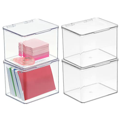 mDesign Small Plastic Home Office Storage Organizer Box Containers w/Hinged Lid for Desktops - Holds Pens, Pencils, Sticky Notes, Highlighters, Staples, Supplies - Lumiere Collection - 4 Pack - Clear