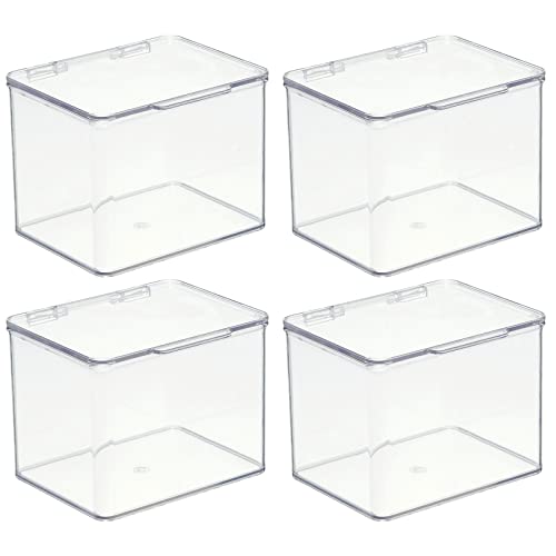 mDesign Small Plastic Home Office Storage Organizer Box Containers w/Hinged Lid for Desktops - Holds Pens, Pencils, Sticky Notes, Highlighters, Staples, Supplies - Lumiere Collection - 4 Pack - Clear