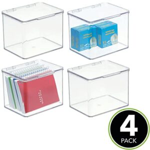 mDesign Small Plastic Home Office Storage Organizer Box Containers w/Hinged Lid for Desktops - Holds Pens, Pencils, Sticky Notes, Highlighters, Staples, Supplies - Lumiere Collection - 4 Pack - Clear